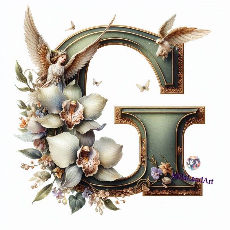 Watercolor Olive Alphabet Letter With Angel: Floral Initial Print ...