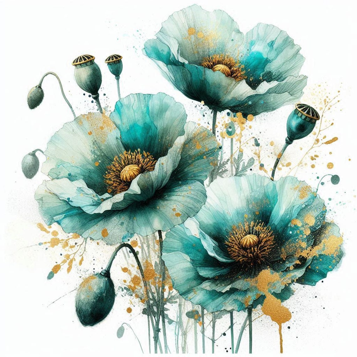 Poppies in Turquoise Color, Digital Print, Wall Art, Watercolor Clipart ...