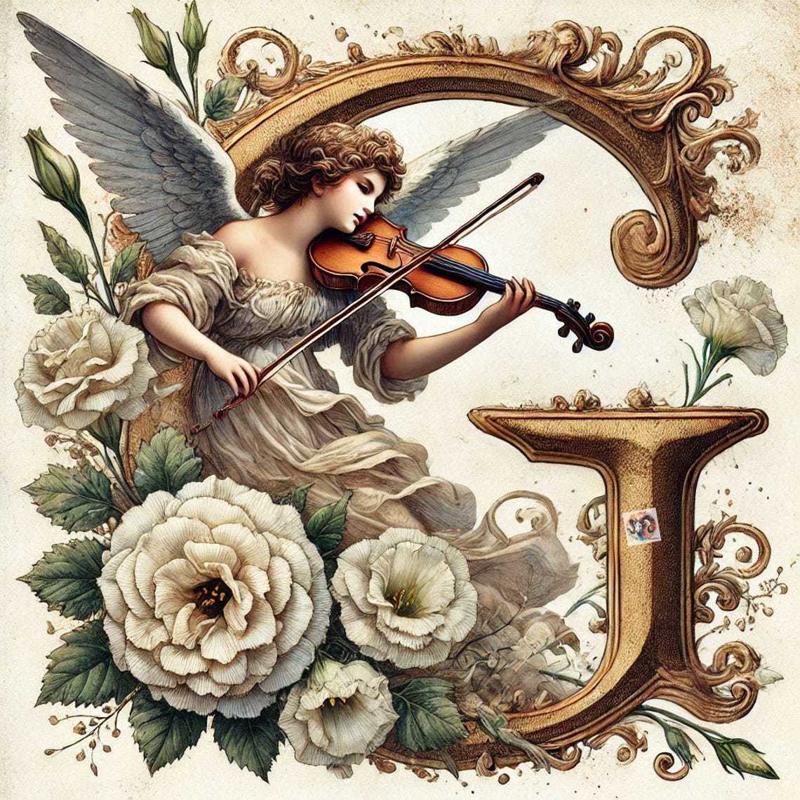 Floral Angel Initial A Art Print: Gold Letter, Violin (digital Download ...