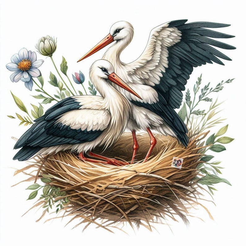 Watercolor Storks in Nest Clip Art (digital Print) - Etsy