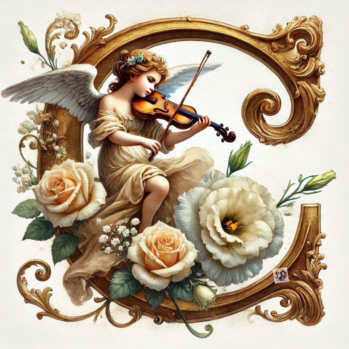 Floral Angel Initial A Art Print: Gold Letter, Violin (digital Download ...