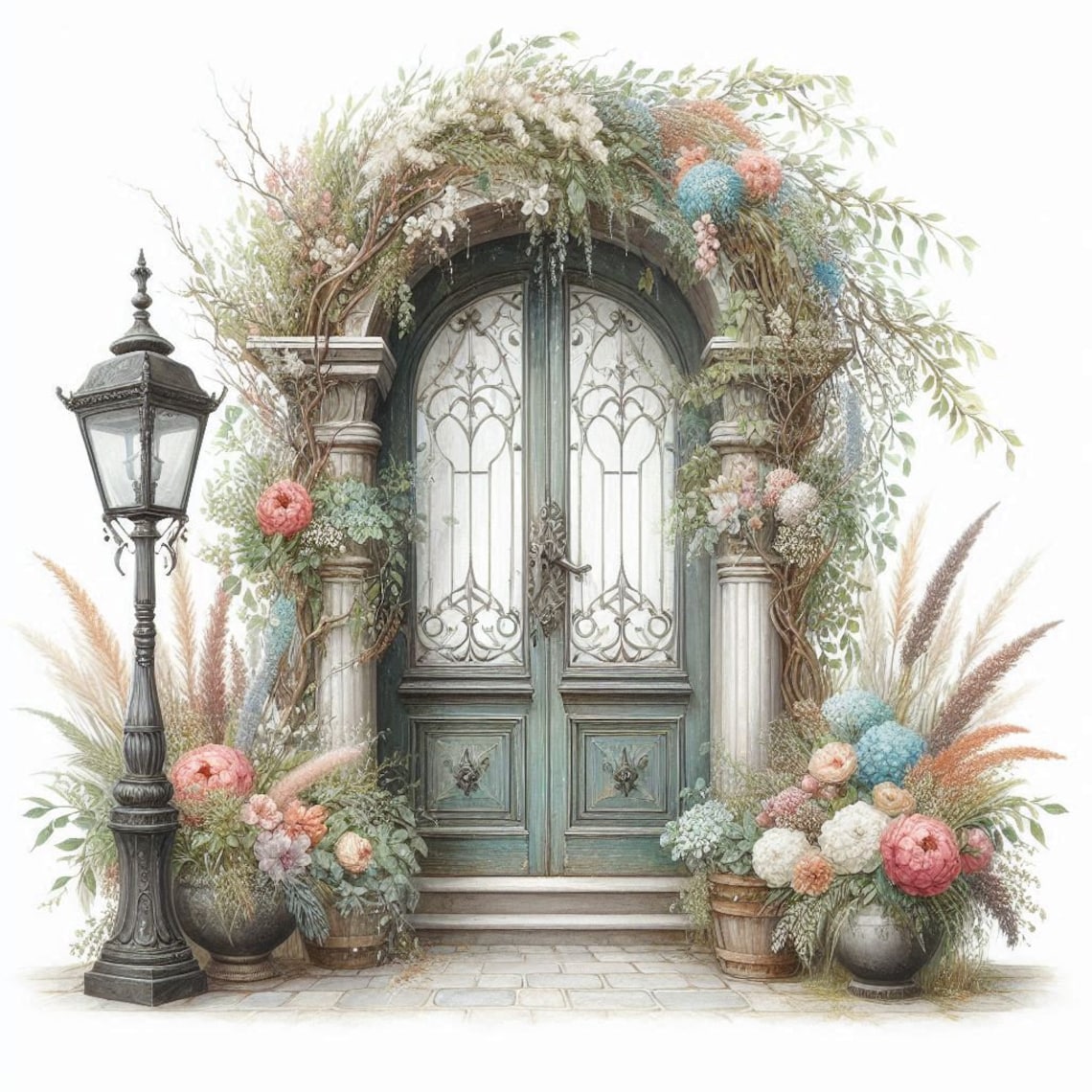 Vintage Front Door With Flowers, Digital Print, Wall Art, Watercolor ...