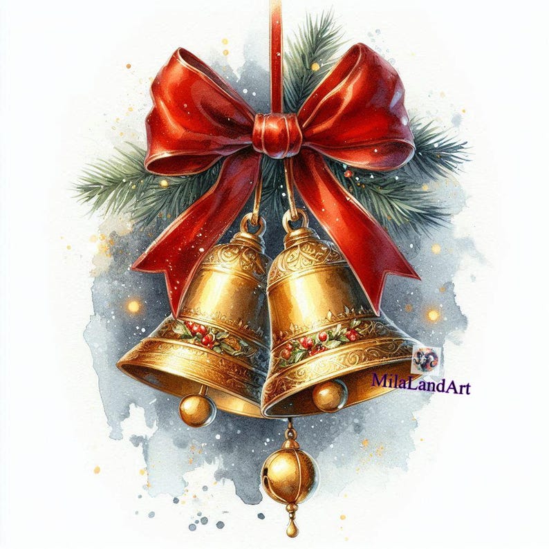 Watercolor Christmas Bells Clipart: Holiday Digital Print (JPG) - Etsy ...