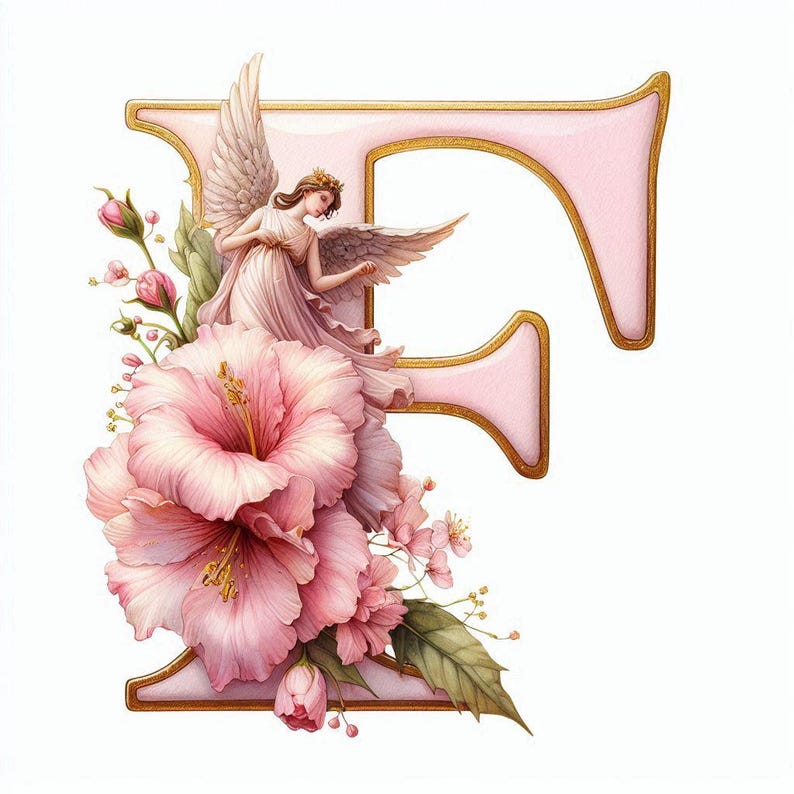 Watercolor Alphabet Letter Art: Pink Floral Angel (digital Print) - Etsy