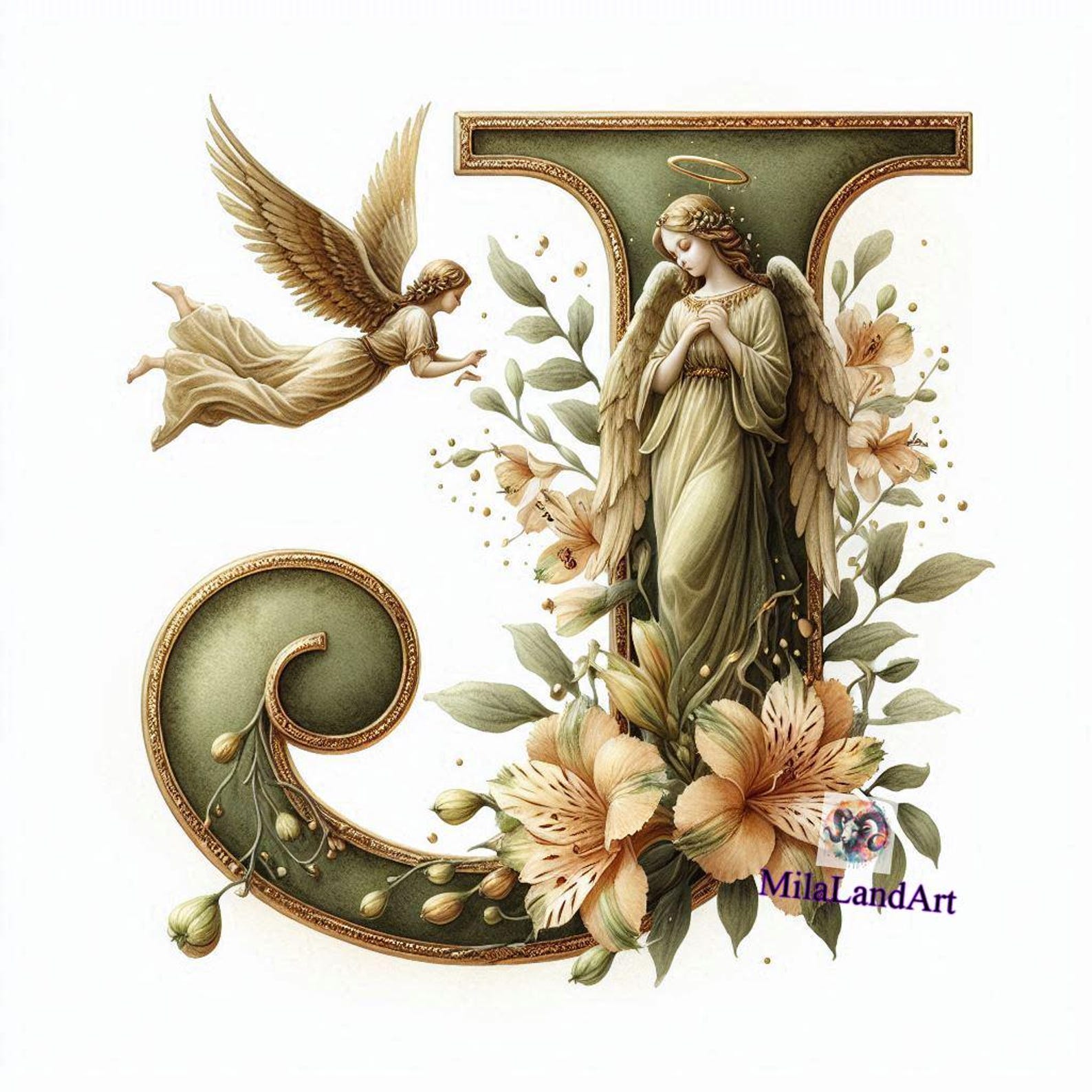 Watercolor Olive Alphabet Letter With Angel: Floral Initial Print ...