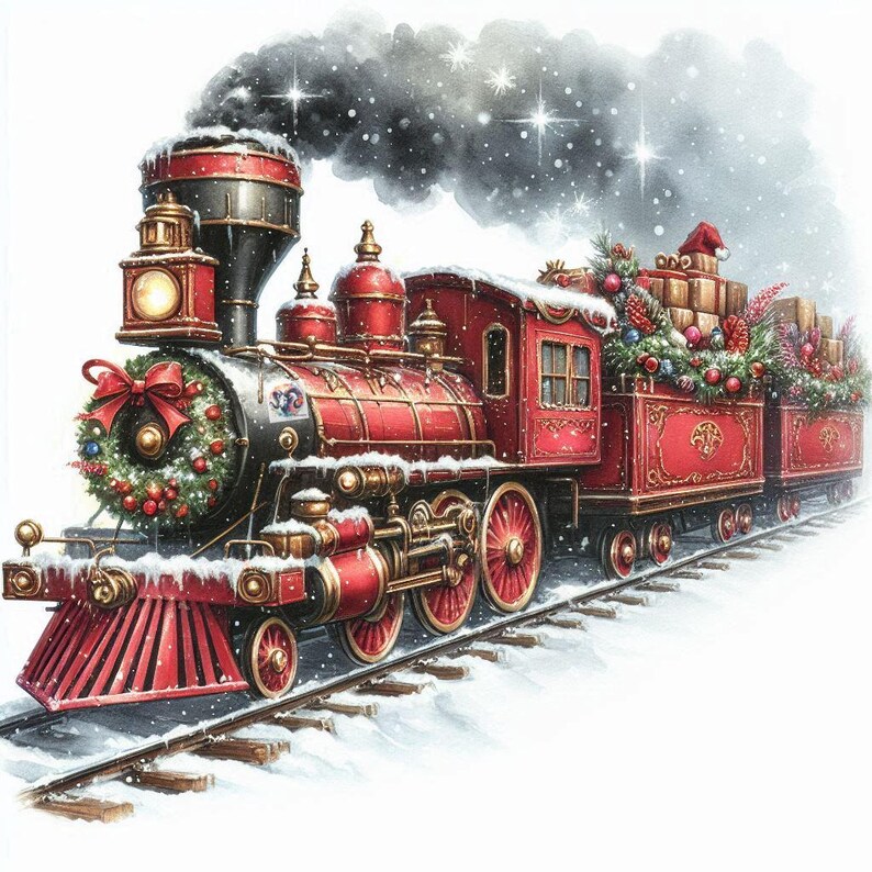 Watercolor Christmas Train Clip Art: Holiday Digital Print (JPG) - Etsy