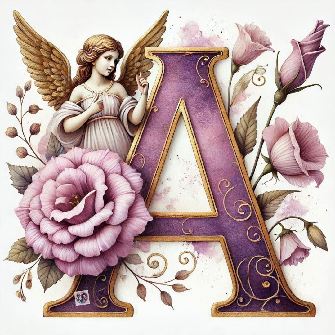 Lilac Floral Letter A Print: Angel Alphabet Clip Art (digital Download ...