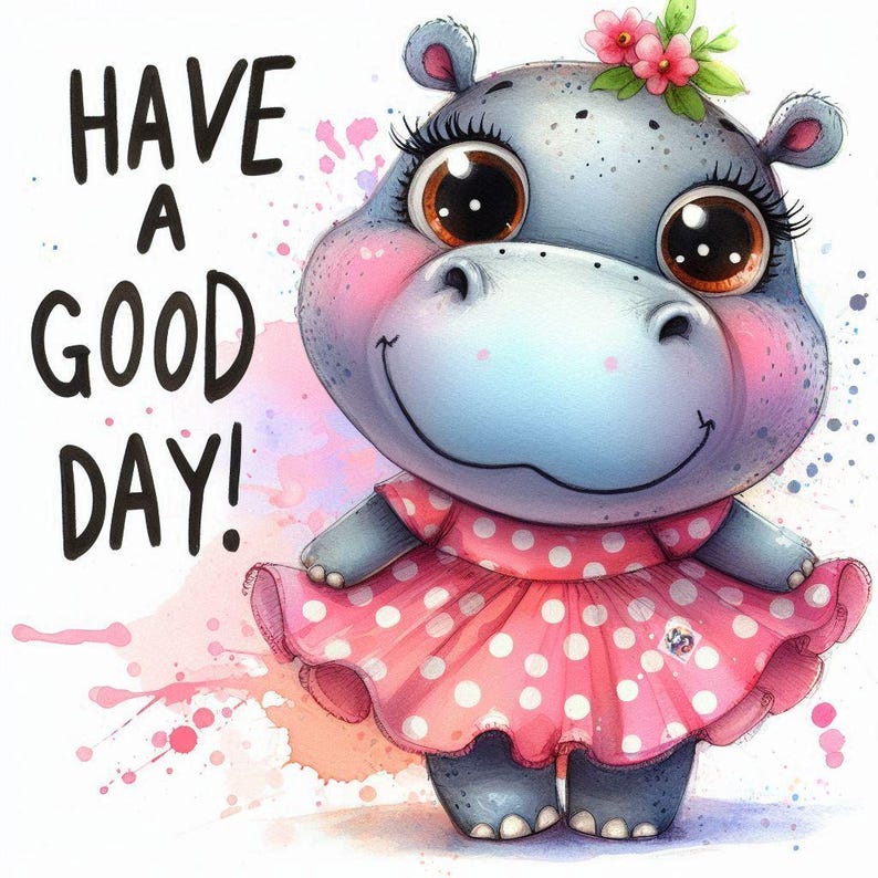 Cute Hippo, Good Day Card, Children's Art, Digital Print,watercolor ...