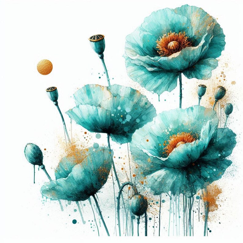 Turquoise Poppies Watercolor Art Print (digital Download) - Etsy