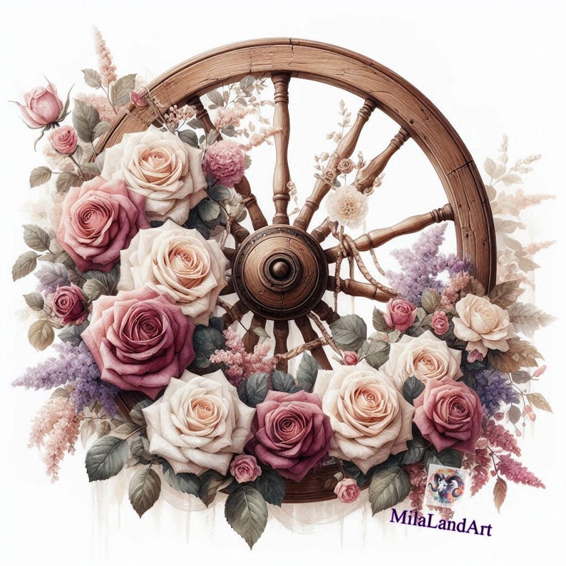 Vintage Wheel With Roses Watercolor Clipart (digital Print) - Etsy