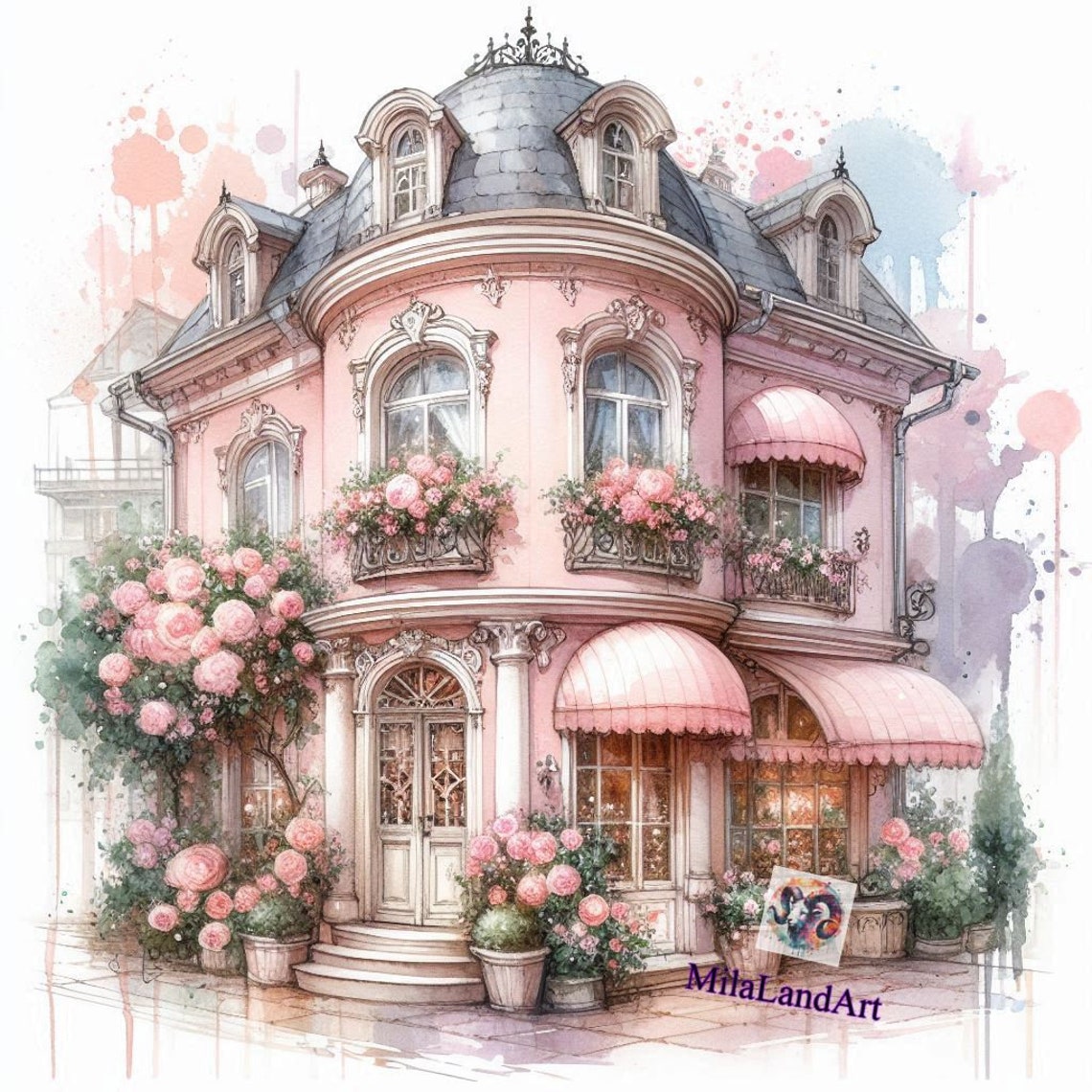 Beautiful Buildings in Pink With Flowers, Digital Print, Wall Art ...