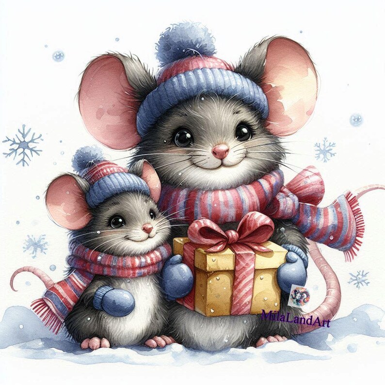 16 Watercolor Cliparts of a Mouse With a New Year's Gift, Digital Print ...