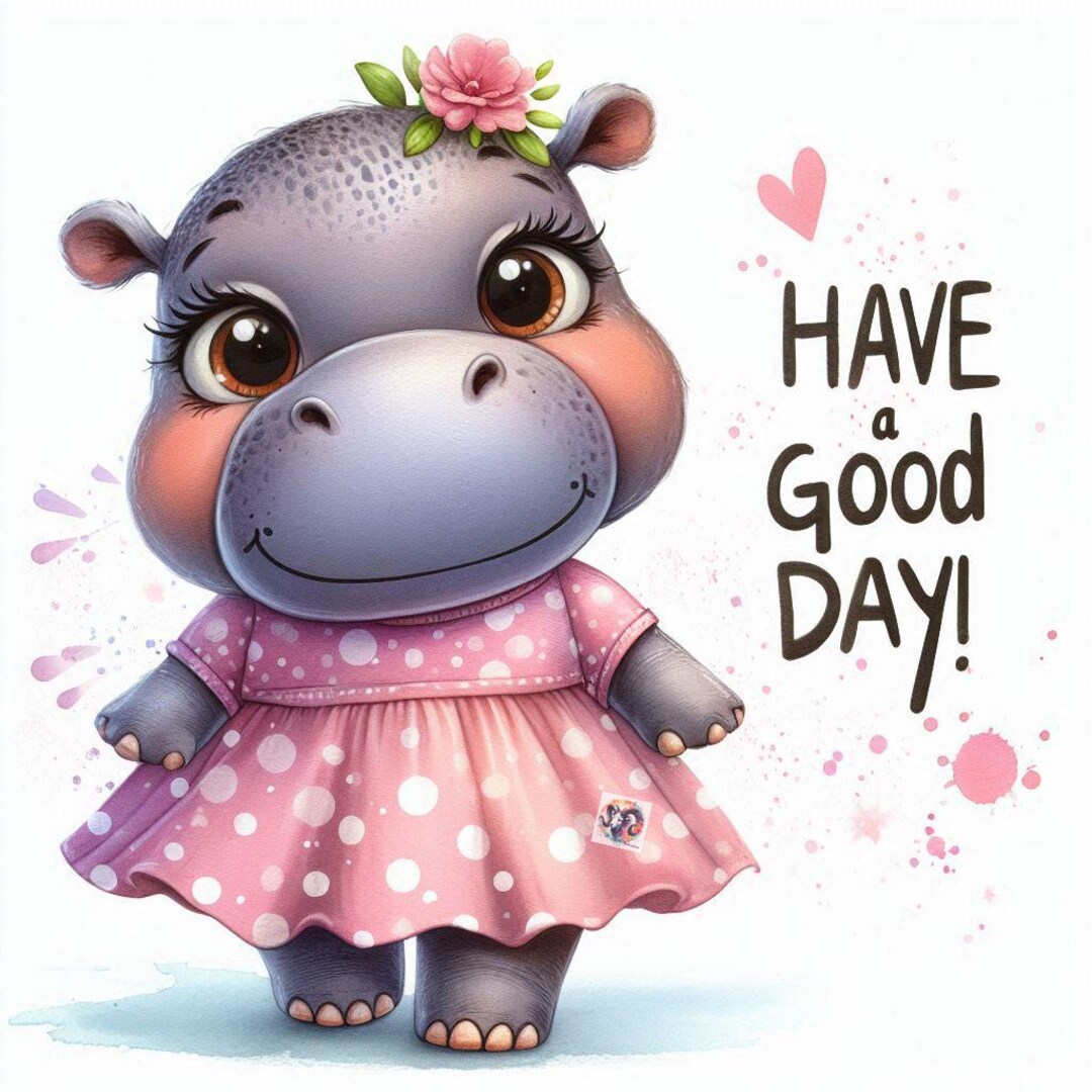 Cute Hippo, Good Day Card, Children's Art, Digital Print,watercolor ...