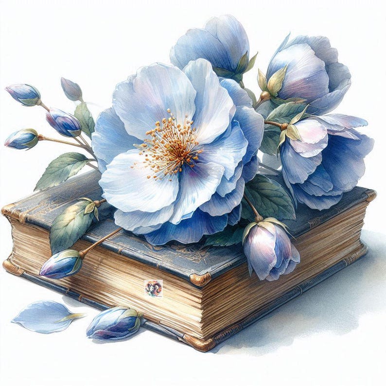 11 Watercolor Vintage Books With Blue Flowers, Digital Print, High ...