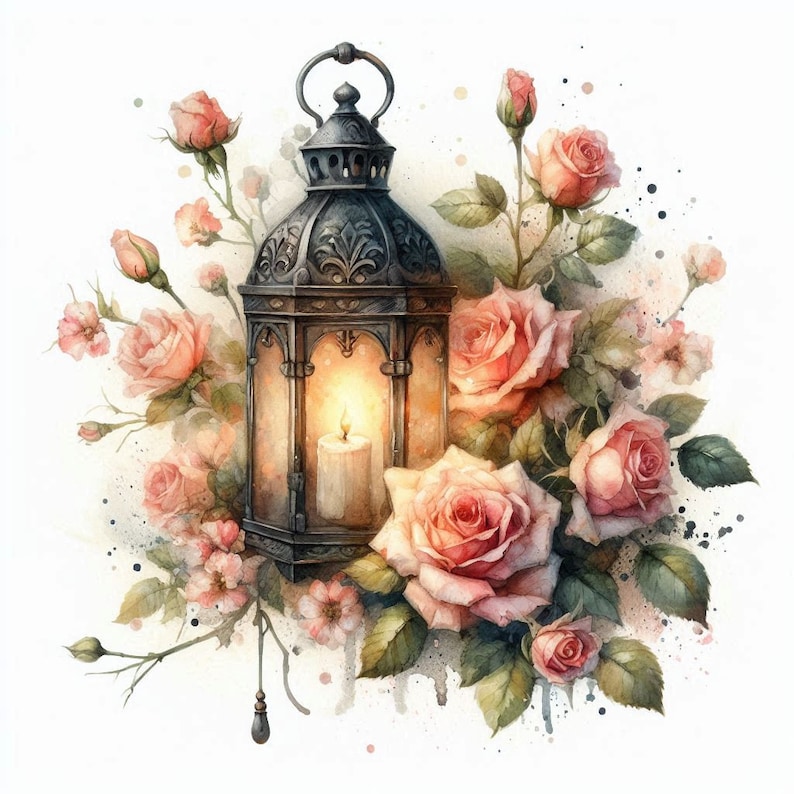 10 Watercolor Cliparts With Roses and Lantern in Vintage Style ...