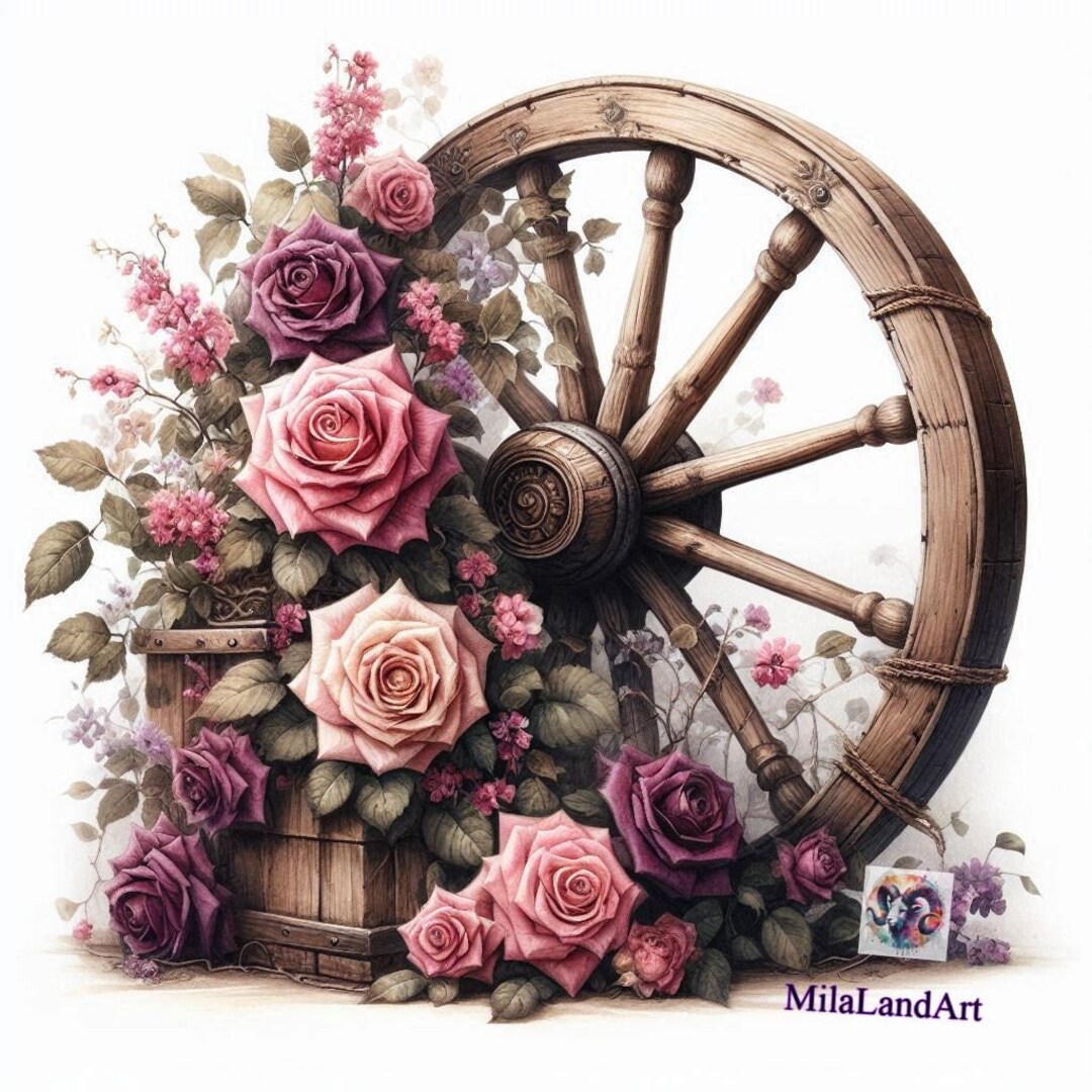 Vintage Wheel With Roses Watercolor Clipart (digital Print) - Etsy