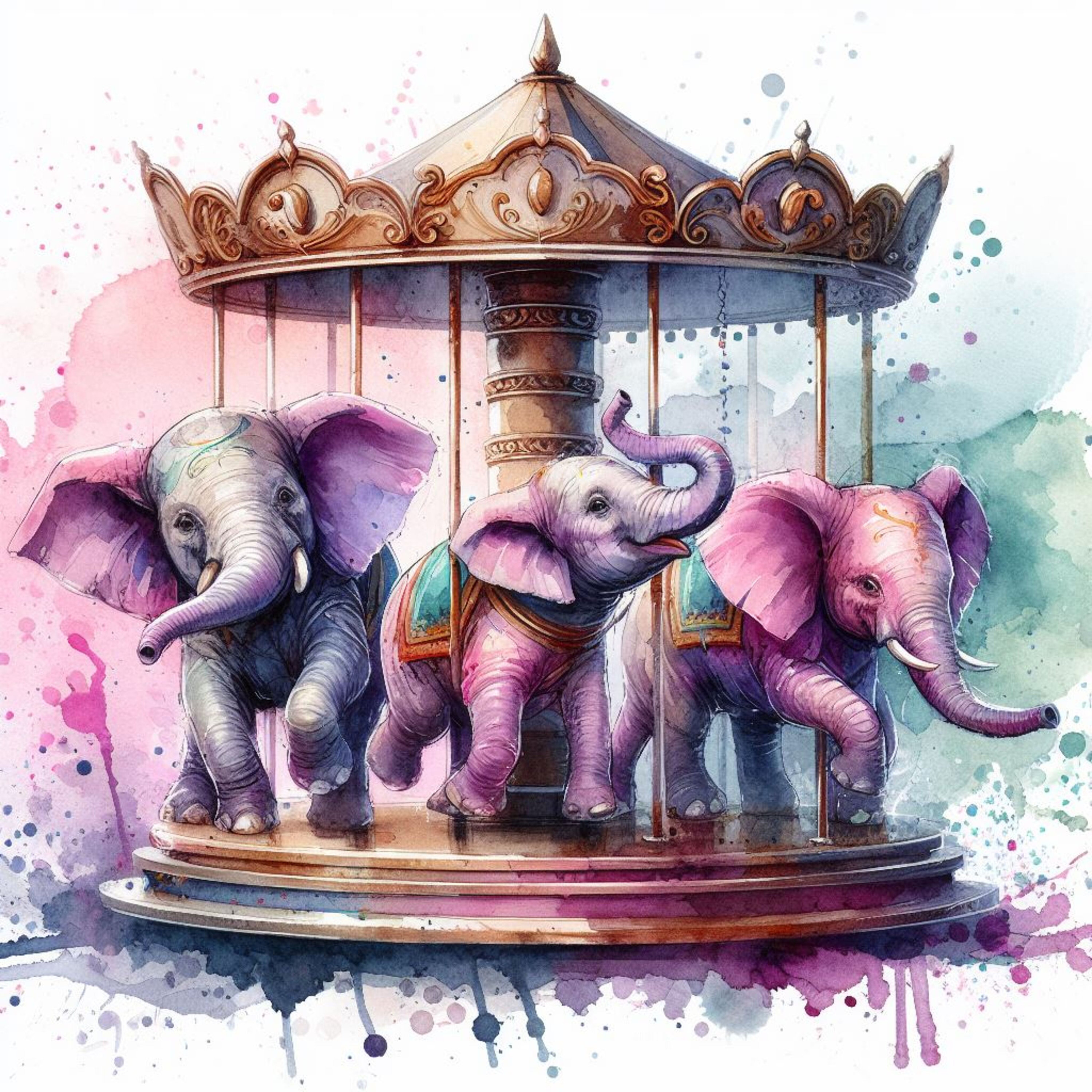 Elephants, Carousel Elephants, Watercolor Clip Art, Handmade, Wall Art ...