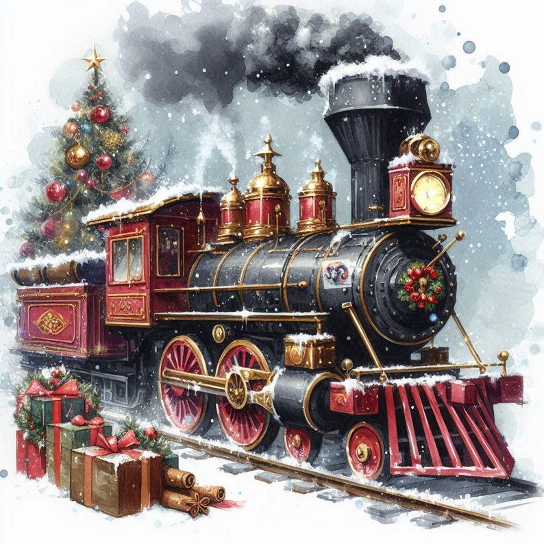Watercolor Christmas Train Clip Art: Holiday Digital Print (JPG) - Etsy