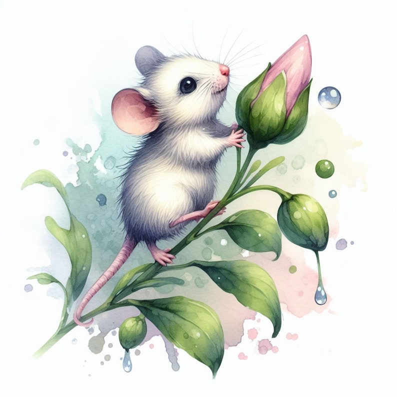Cute Mouse and Flower, Children's Art, Digital Print, Wall Art ...