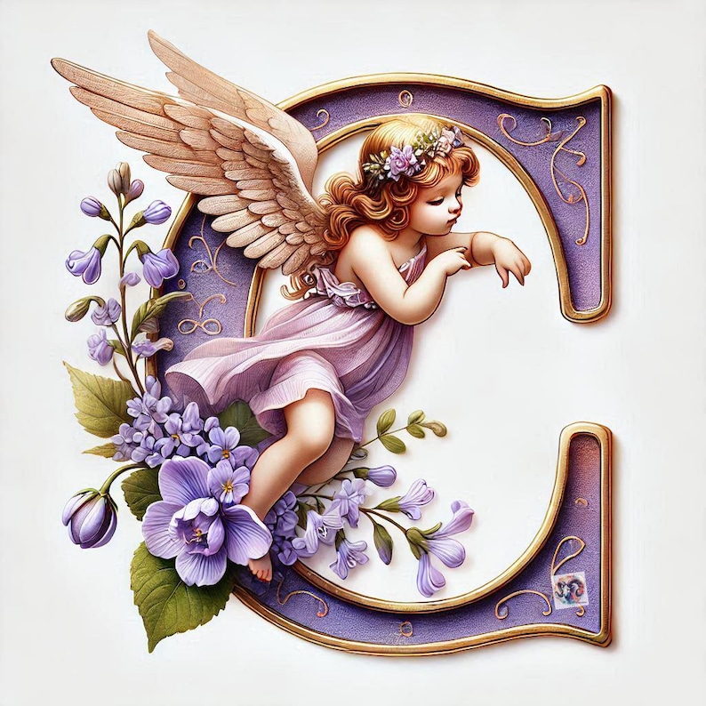 Lilac Floral Letter A Print: Angel Alphabet Clip Art (digital Download ...