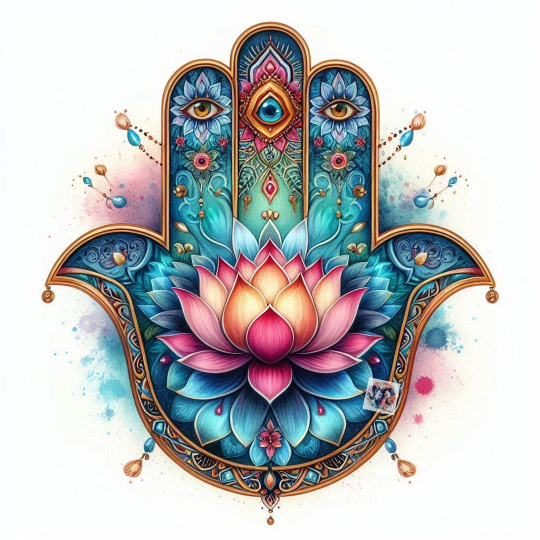 Hamsa With Lotus Flower, Digital Print,watercolor Clip Art, High ...