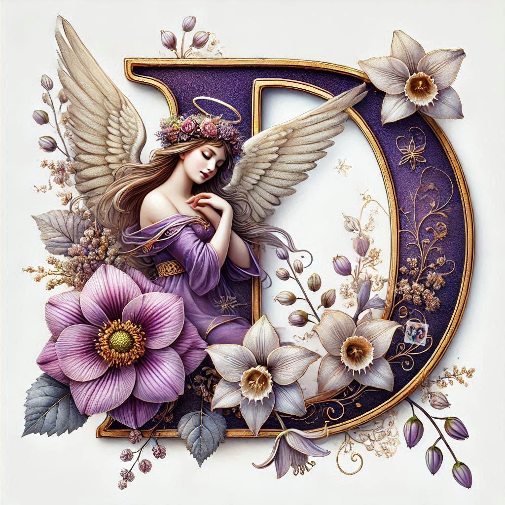 Lilac Floral Letter A Print: Angel Alphabet Clip Art (digital Download ...