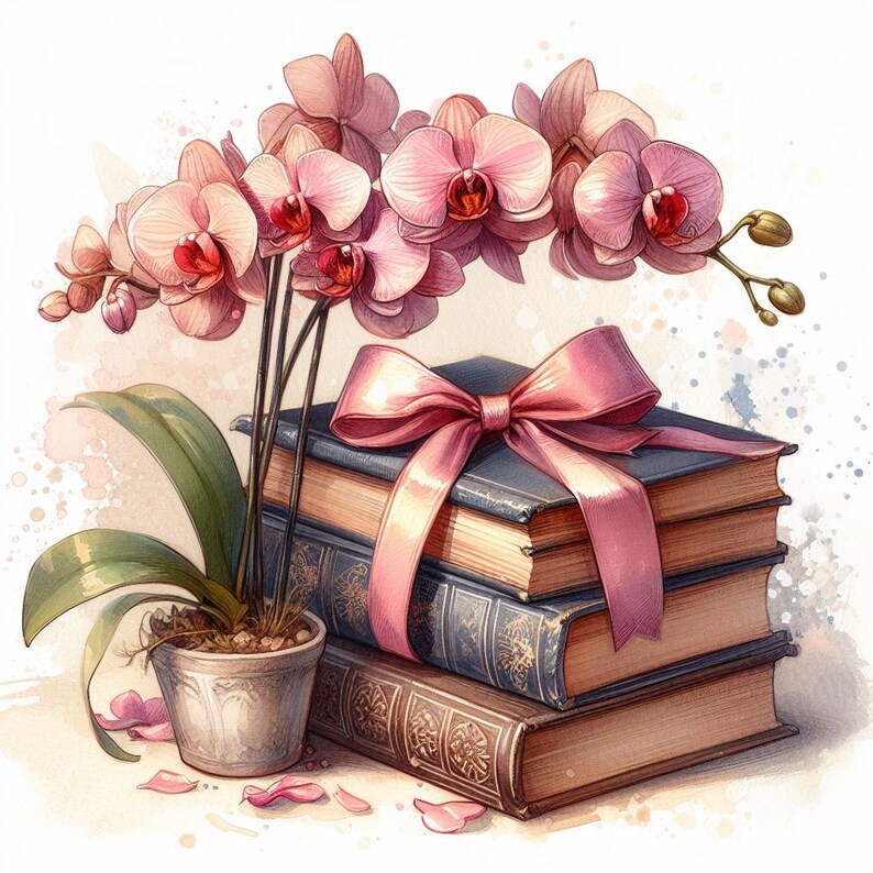 Orchid Books, Books ,vintage Book Cliparts , Watercolor Clip Art, Wall ...