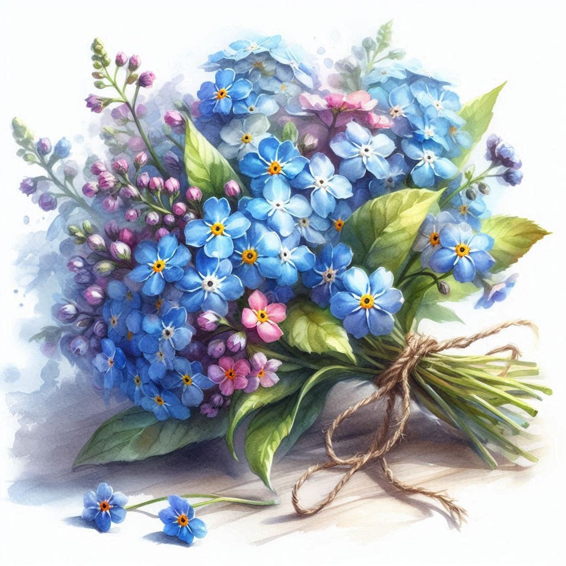 A Bouquet of Forget-me-nots, Digital Print, Wall Art, Watercolor ...