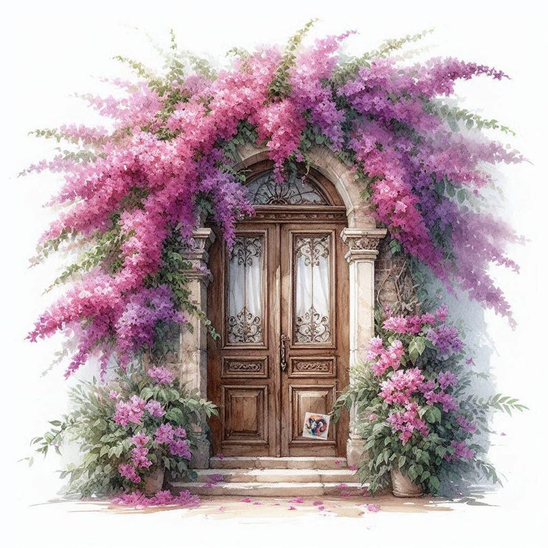 Watercolor Flower Door Clip Art: Vintage Floral JPG (digital Download ...