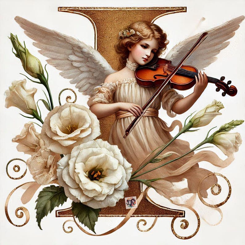 Floral Angel Initial A Art Print: Gold Letter, Violin (digital Download ...