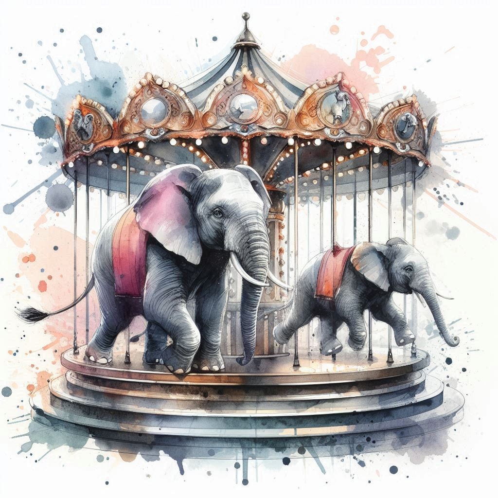 Elephants, Carousel Elephants, Watercolor Clip Art, Handmade, Wall Art ...