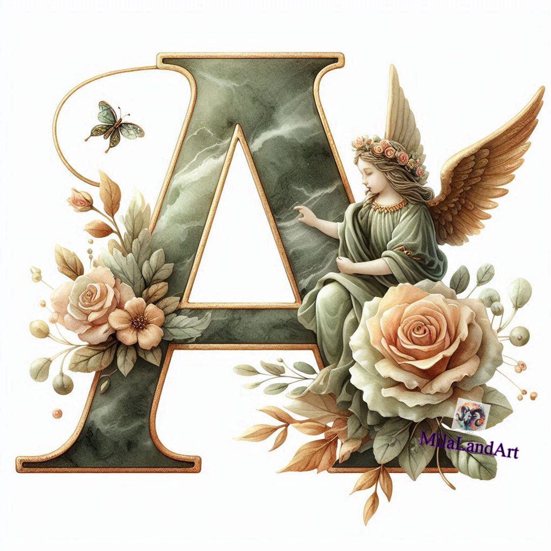 Watercolor Olive Alphabet Letter With Angel: Floral Initial Print ...