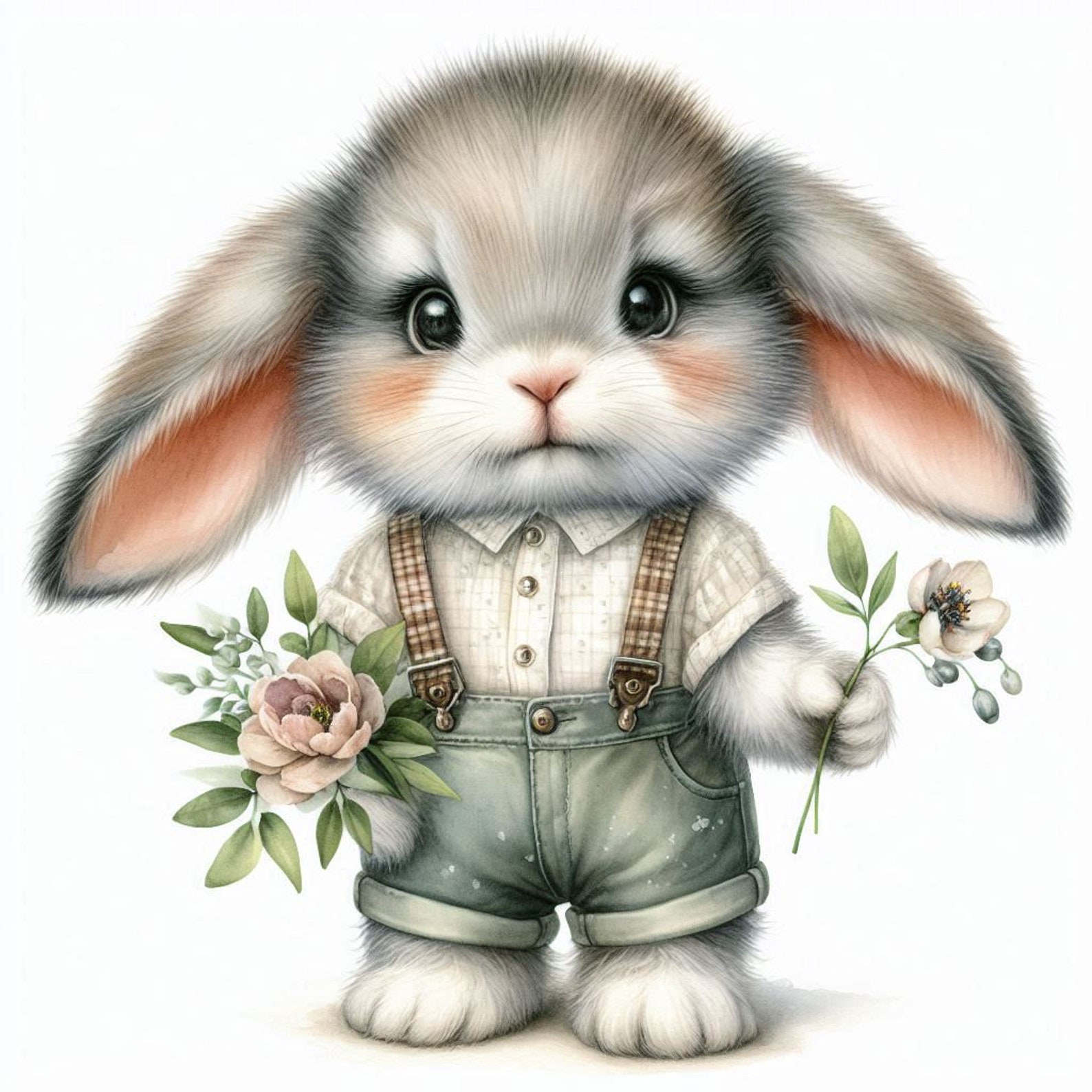 10 Watercolor Cliparts of Rabbits With Flowers, Digital Print, Wall Art ...