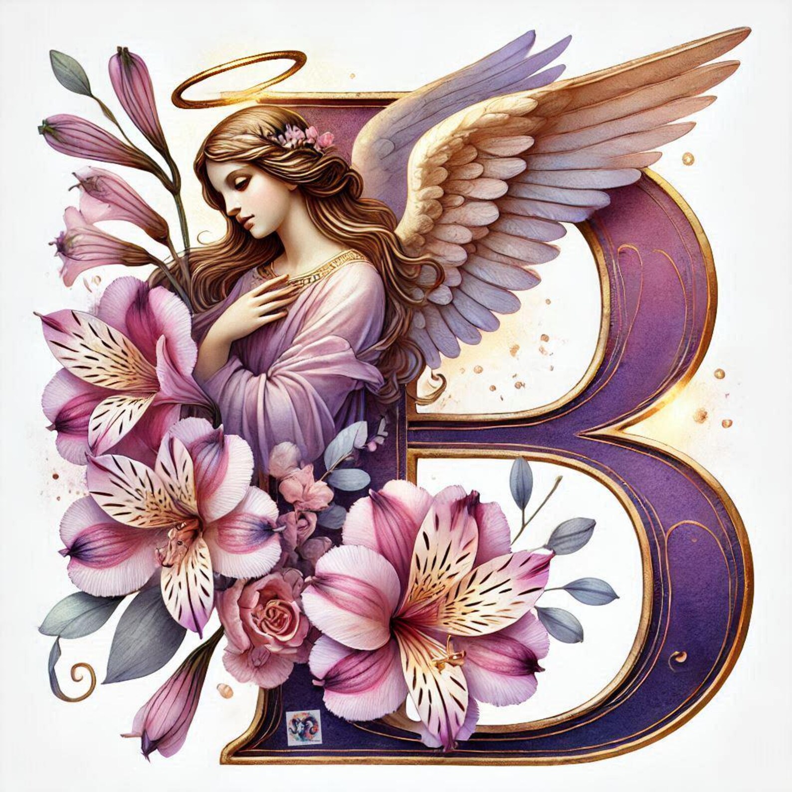Lilac Floral Letter A Print: Angel Alphabet Clip Art (digital Download ...