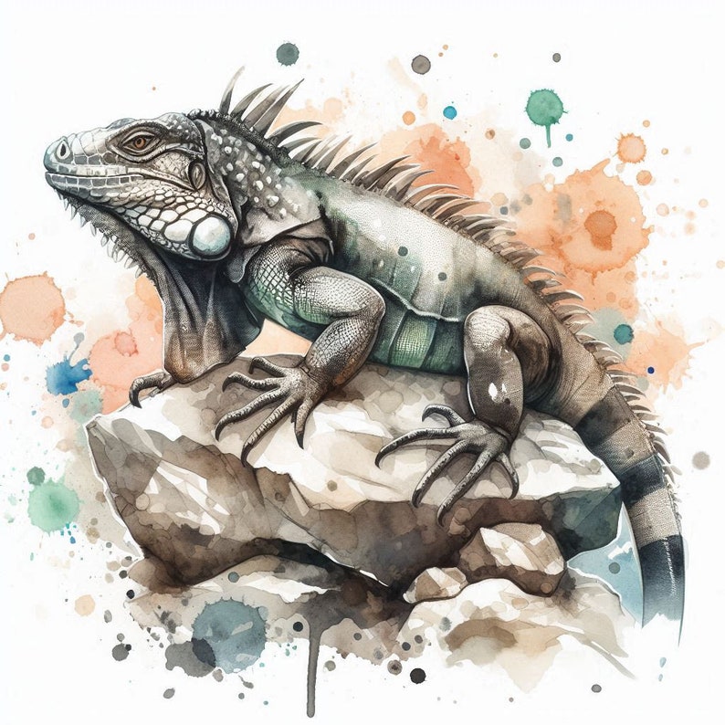 10 Watercolor Cliparts With and Iguana, Digital Print, Wall Art ...