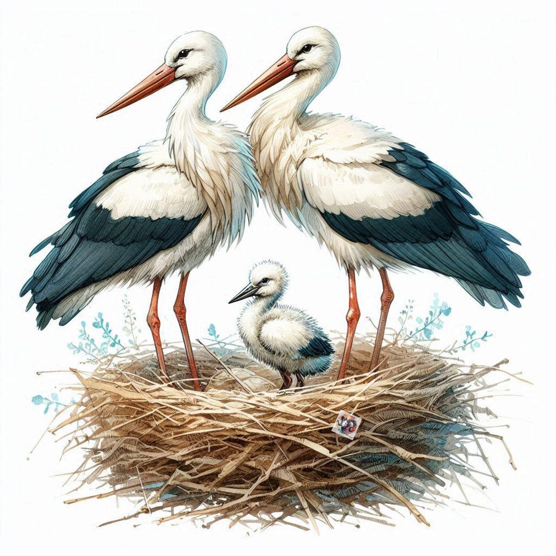 Watercolor Storks in Nest Clip Art (digital Print) - Etsy