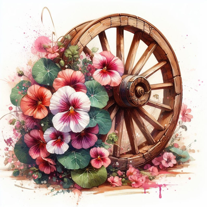 Wooden Wheel With Flowers, Digital Print, Wall Art, Watercolor Clip Art ...