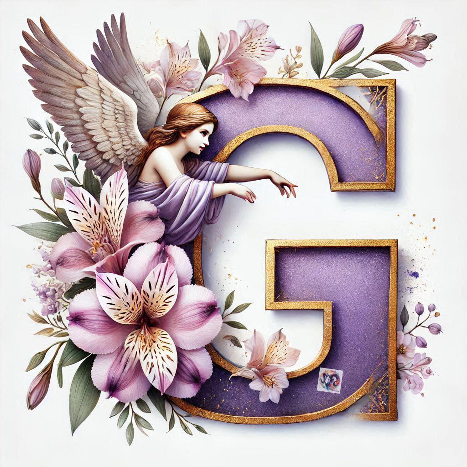 Lilac Floral Letter A Print: Angel Alphabet Clip Art (digital Download ...