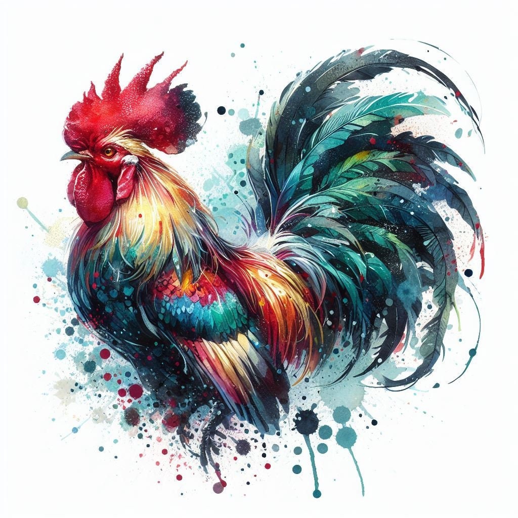 Colorful Rooster, Digital Print, Wall Art, Watercolor Clip Art, High ...