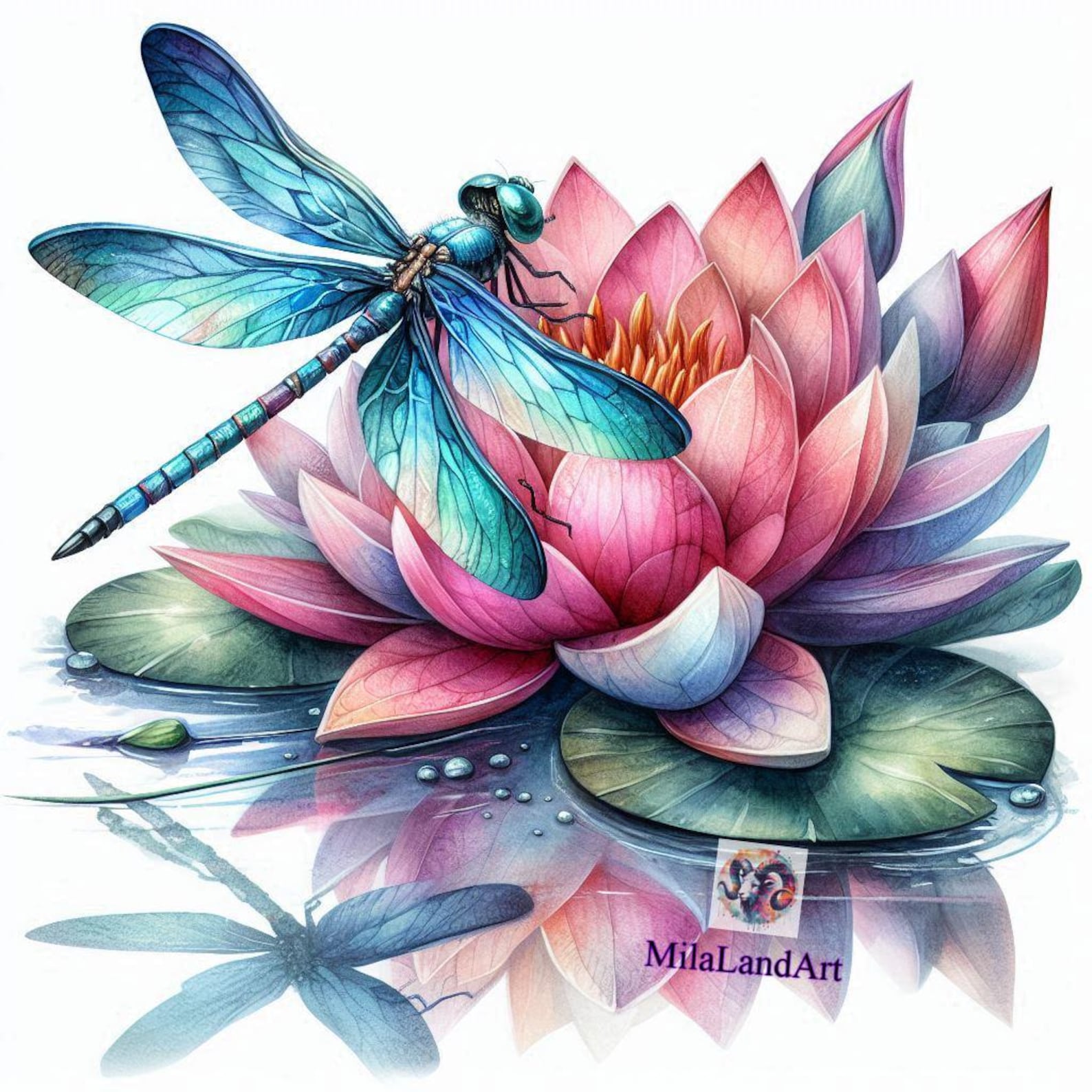 Dragonfly, Dragonfly on Lotus Flower, Digital Print,watercolor Clip Art ...