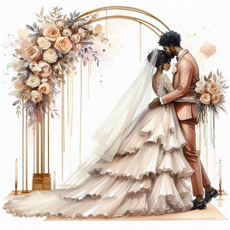 Watercolor African American Wedding Couple Clipart (digital Print) - Etsy