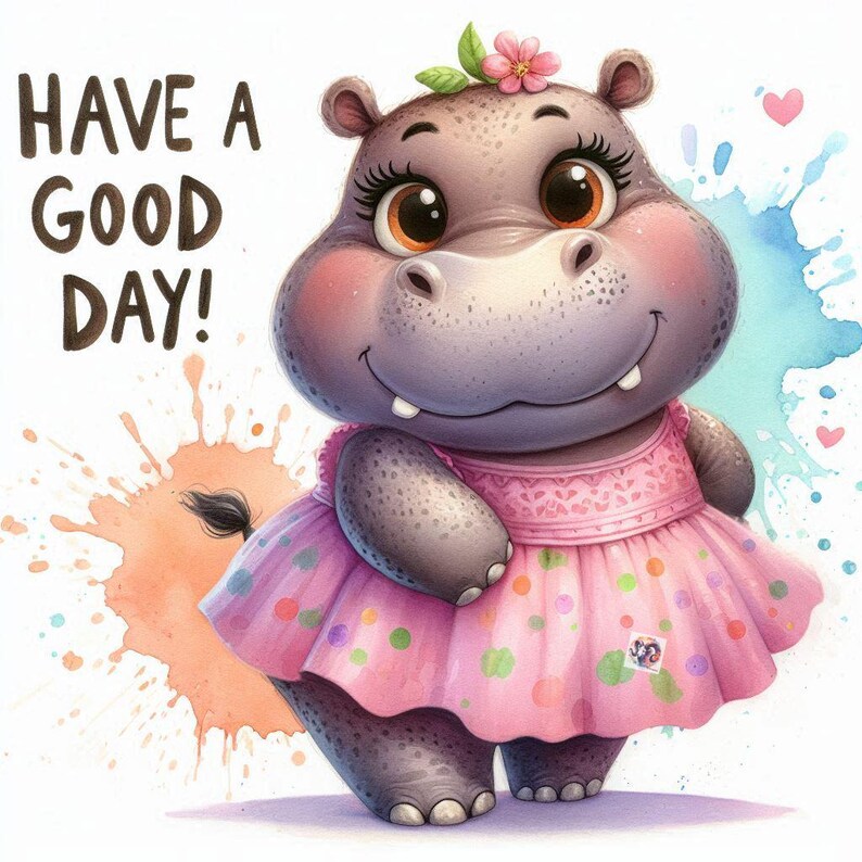Cute Hippo, Good Day Card, Children's Art, Digital Print,watercolor ...