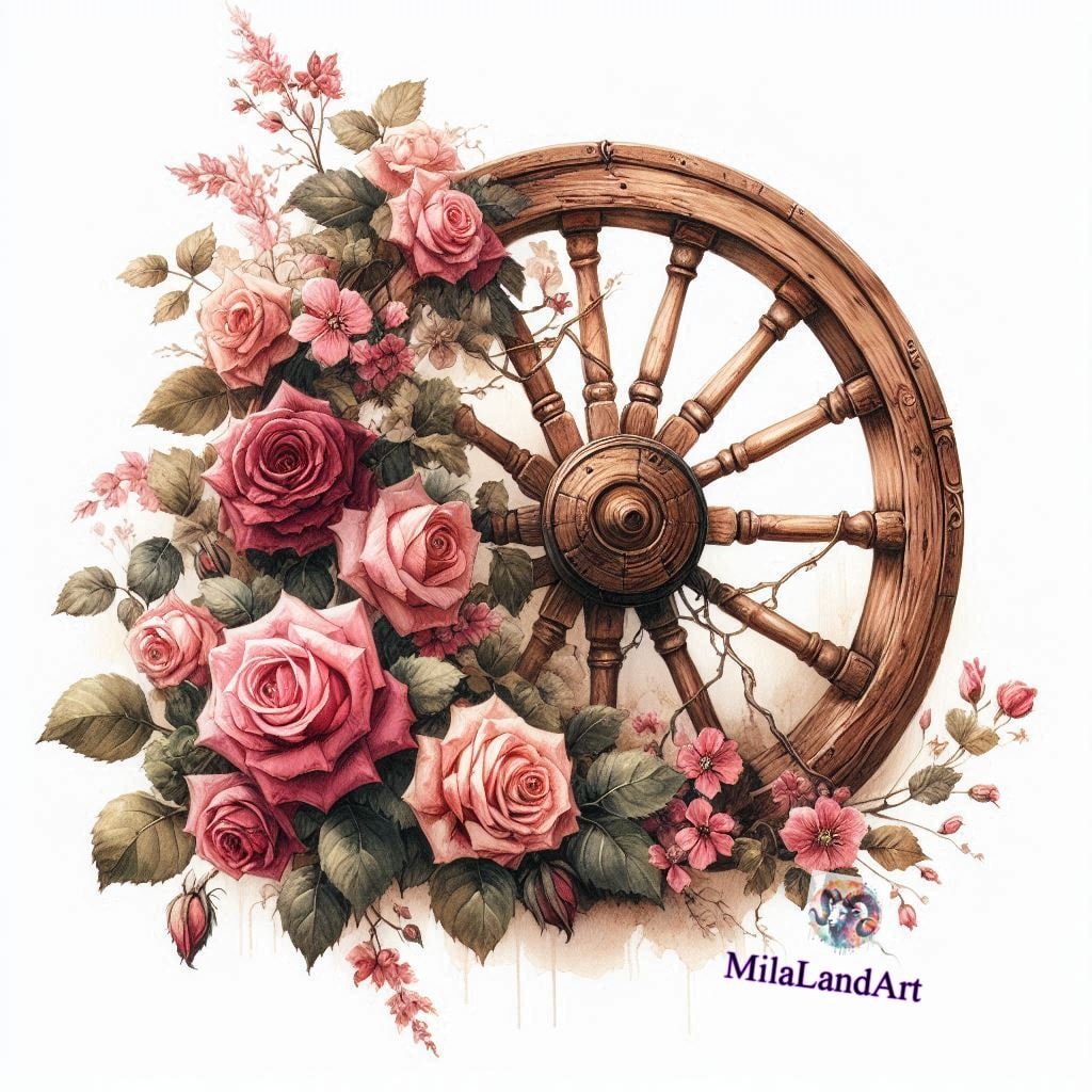 Vintage Wheel With Roses Watercolor Clipart (digital Print) - Etsy