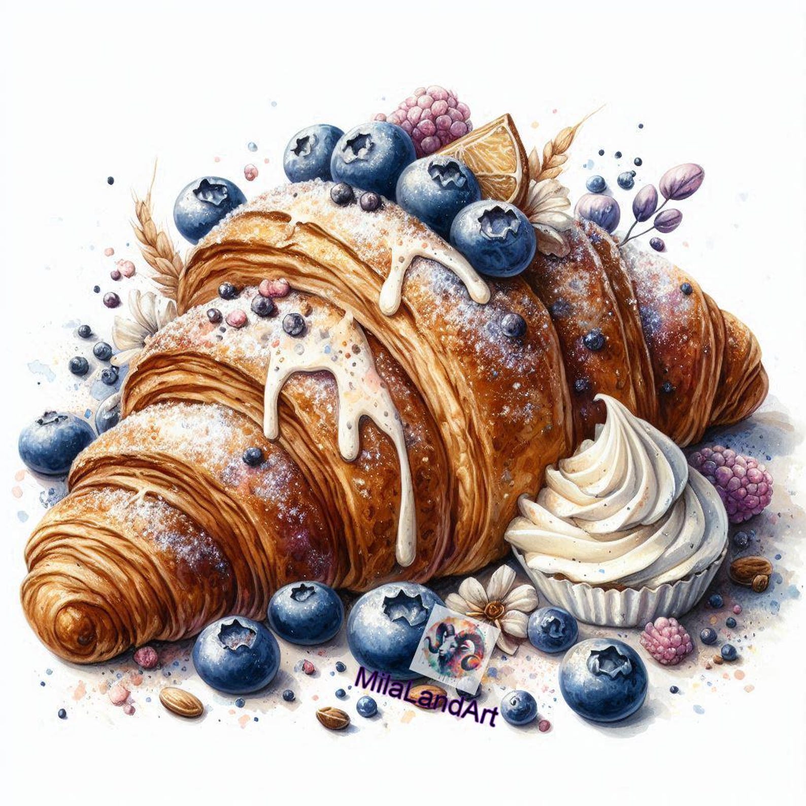10 Watercolor Clip Art Images of Croissants Decorated With Fruit,jpg - Etsy