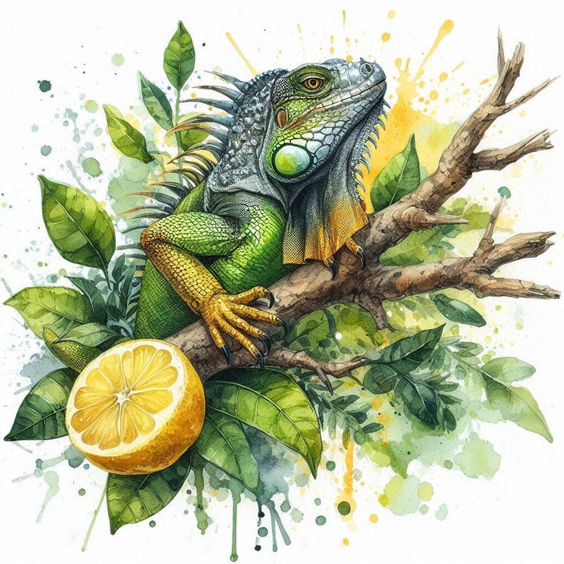 10 Watercolor Cliparts With and Iguana, Digital Print, Wall Art ...
