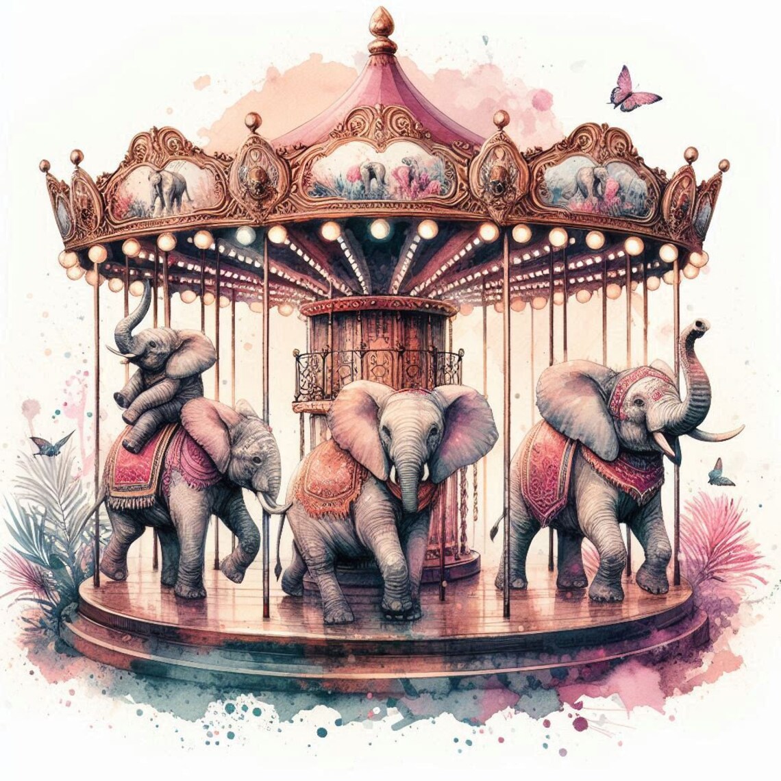 Elephants, Carousel Elephants, Watercolor Clip Art, Handmade, Wall Art ...