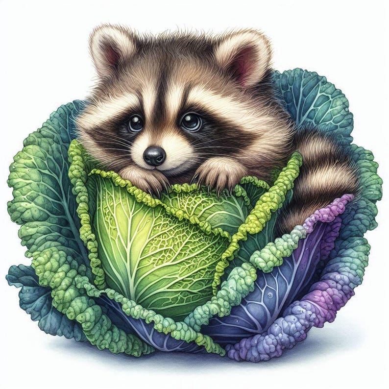Animals in Cabbage, Digital Print, Wall Art, Watercolor Clip Art, High ...