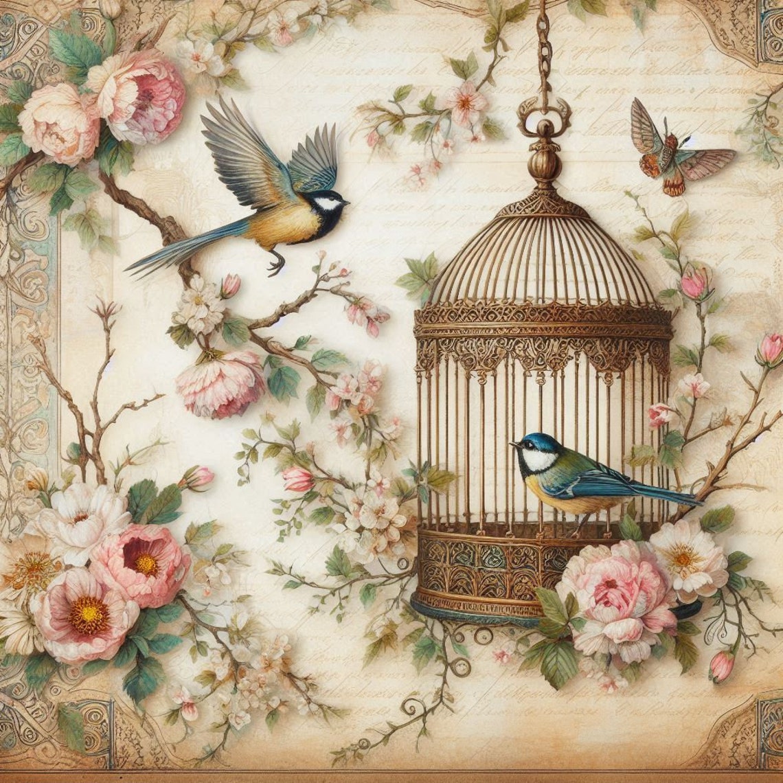 10 Digital Printable Papers, Floral Bird Cage, Digital Print, Wall Art ...