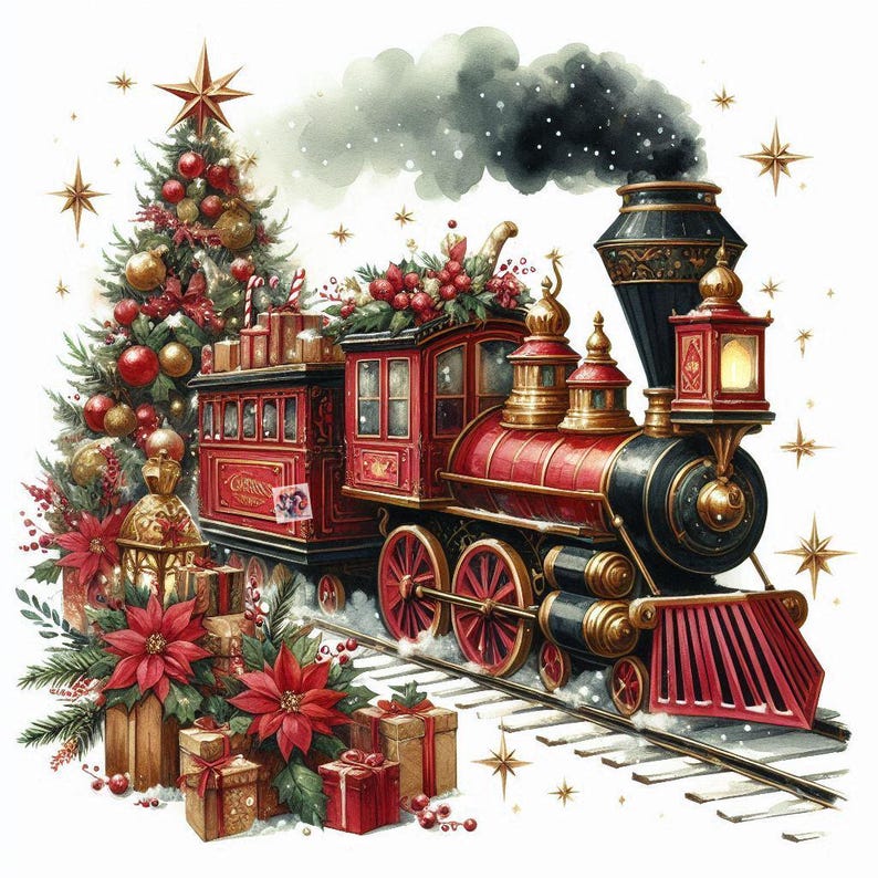 Watercolor Christmas Train Clip Art: Holiday Digital Print (JPG) - Etsy
