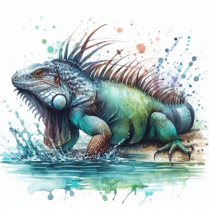 10 Watercolor Cliparts With and Iguana, Digital Print, Wall Art ...